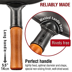 YOSUKATA Carbon Steel Wok Pan - 14 “ Woks and Stir Fry Pans + Reusable Natural Wooden Long Cooking Chopsticks Set of 3 pairs: 11.8 inch, 13-inch, 14.2 inch