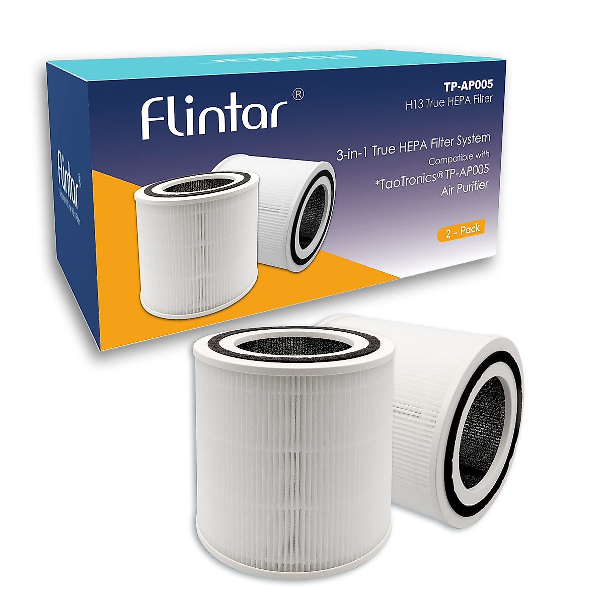 Flintar 2-Pack of AP005 H13 True HEPA Replacement Filter, Compatible with TaoTronics TT-AP005 Air Purifier, 3-in-1 Pre-Filter, H13 Grade True HEPA and Activated Carbon Filter Set