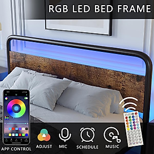 Fastroby King Size Bed Frames with Headboard LED Light, Platform Bed Frame King with 10" Under Bed Storage, Heavy Duty Bed Frame No Box Spring Needed, Easy Assembly, Rustic Brown and Black