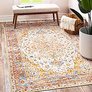 MUJOO Machine Washable Rugs 3x5 Boho Area Rug Small Area Rugs Non Slip for Entryway Bedroom Bedside Kitchen Hallway Living Room Laundry Room Persian Indoor Mat Soft Low-Pile Burnt Orange and Blue