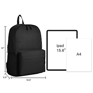 BeeGreen Simple Black Backpack School Backpack with YKK Zipper Water Bottle Pocket Gym Sports College Backpack with Inner Pocket & Hidden Zipper Pocket Lightweight Bookbag for Women Men Girls Boys