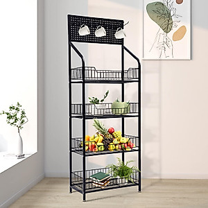 PSUFURV 4 Tier Retail Display Rack Free Standing Metal Wire Storage Shelf Cart with Wheels & 5 Metal Hooks Snack Candy Display Organizer for Bedrooms, Kitchens - 19.6" L x 10.6" D x 55" H