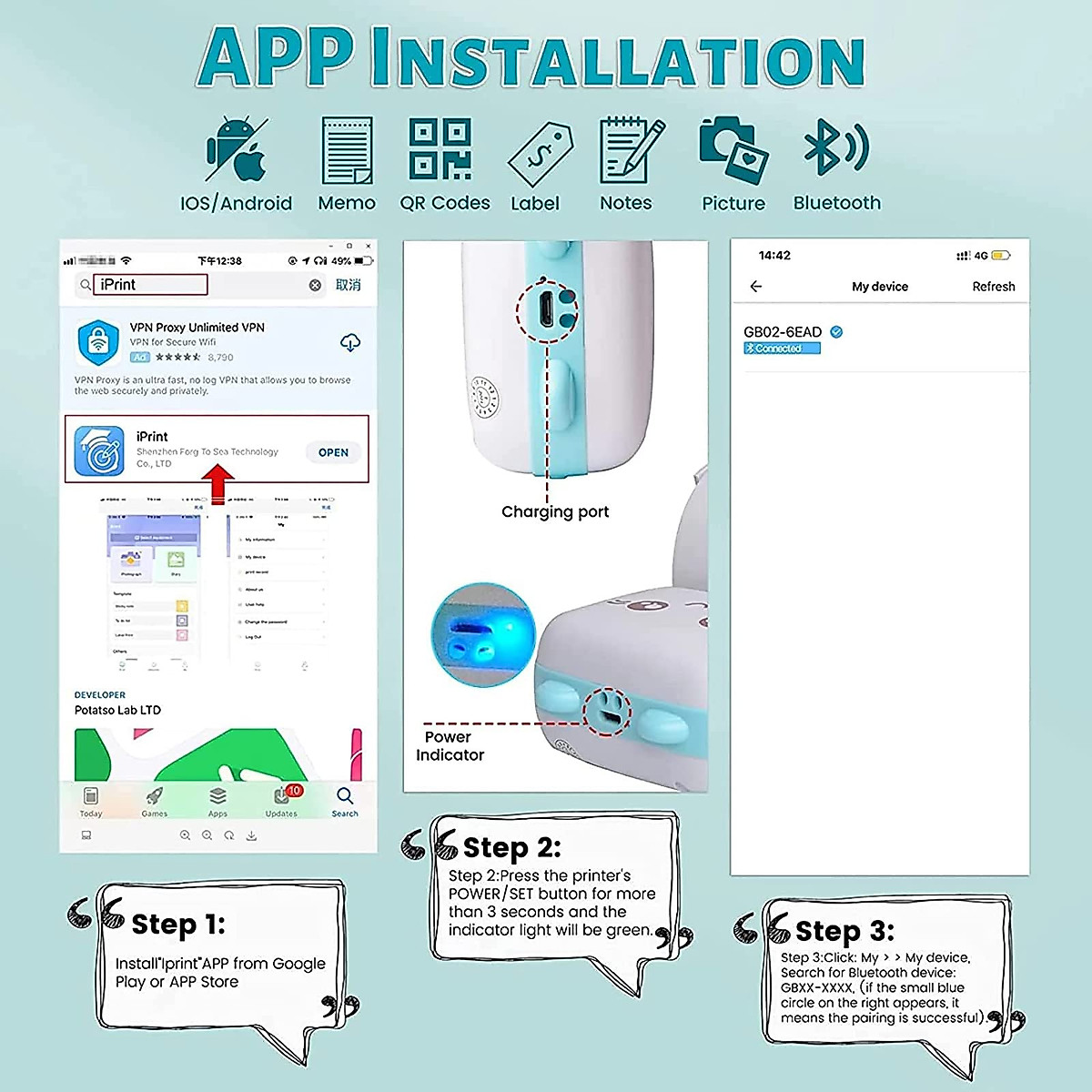 TVAIGER Portable Mini Printer, Inkless Thermal Sticker Printer, Wireless Bluetooth Photo Printer with 6 Rolls Printing Paper for Sticker, Label, Text Memo, Receipt, Photo Printers (Blue)