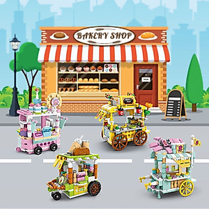 FUN LITTLE TOYS 4 Boxes Food Cart Building Block Toy Street View Building Bricks Set Include Ice Cream Cart BBQ Station Thrifty Thirst and Sushi Stop,Building Block Sets,