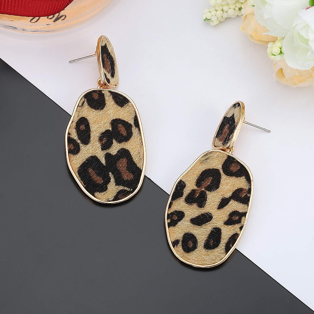 Leopard Print Earrings Lightweight Geometric Faux Leather Drop Dangle Earring Statement Animal Print Stud Earring For Women (brown leopard)