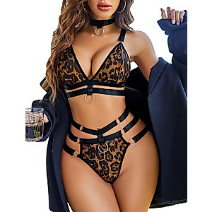 Avidlove Lingerie for Women Naughty Play Bondage Lingerie Bra and Panty Set with Choker Leopard Medium