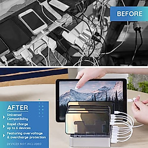 Hercules Tuff Charging Station for Multiple Devices, with 6 USB Fast Ports, Compatible with Cell Phones, Smart Phones, Tablets, and Other Electronics (Silver)