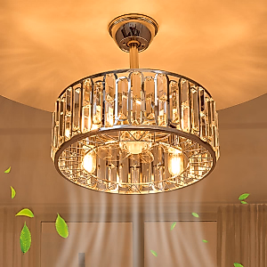 GDLT 18" Silver Crystal Caged Ceiling Fan with Lights and Remote, Modern Crystal Fandelier Chorme Ceiling Fan with Light and Reversible Motor, Chandelier Ceiling Fan for Bedroom, Living Room
