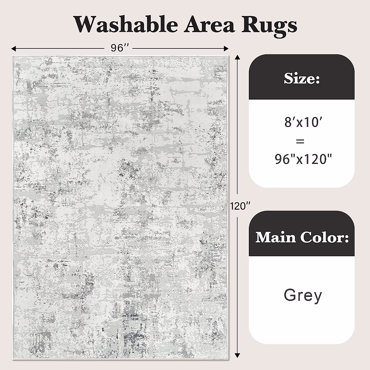 Art&Tuft Washable Rug, Anti-Slip Backing Abstract 8x10 Area Rugs, Stain Resistant Rugs for Living Room, Foldable Machine Washable Area Rug 8x10, Grey