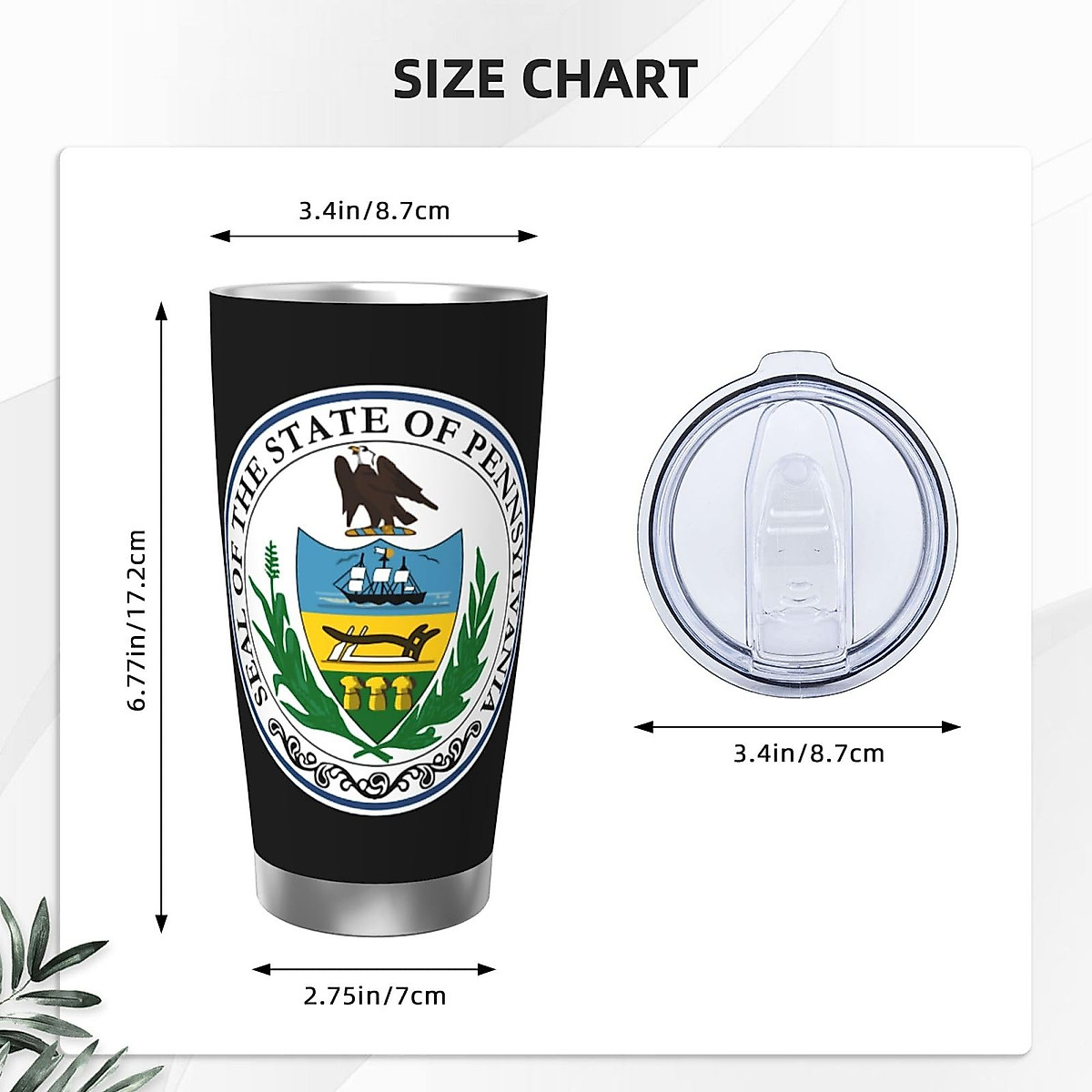 Biaomn Seal Of Pennsylvania Stainless Steel Tumbler Vacuum Insulated Travel Tumbler With Lid Coffee Mug Car Cup For Home Office Outdoor 20oz