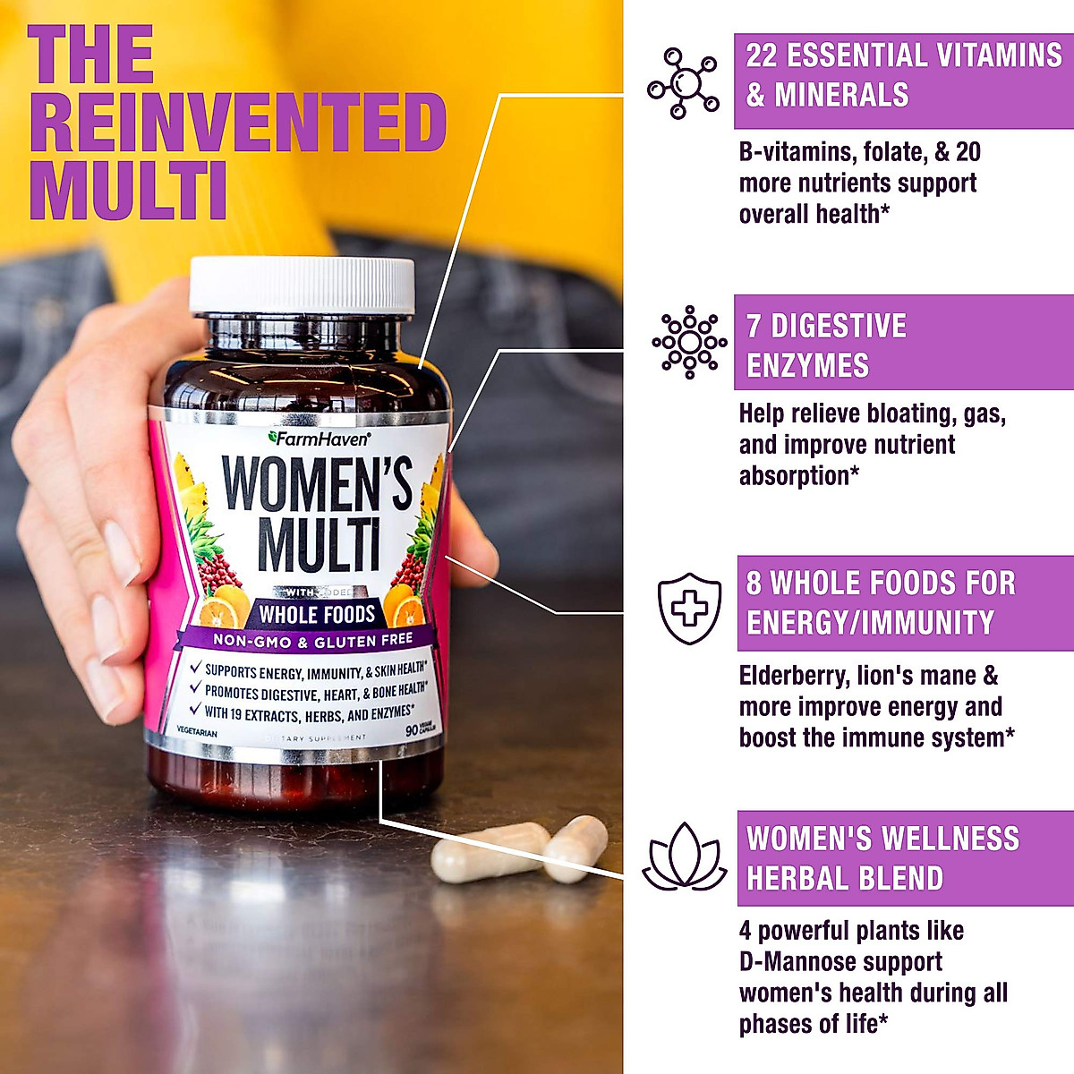 FarmHaven Multivitamin for Women | 22 Essential Nutrients, Fruits & Veggies Womens Multivitamin | Whole Food Multivitamin Boosts Energy, Immune, Heart Health | Womens Daily Vitamins - 90 Capsules