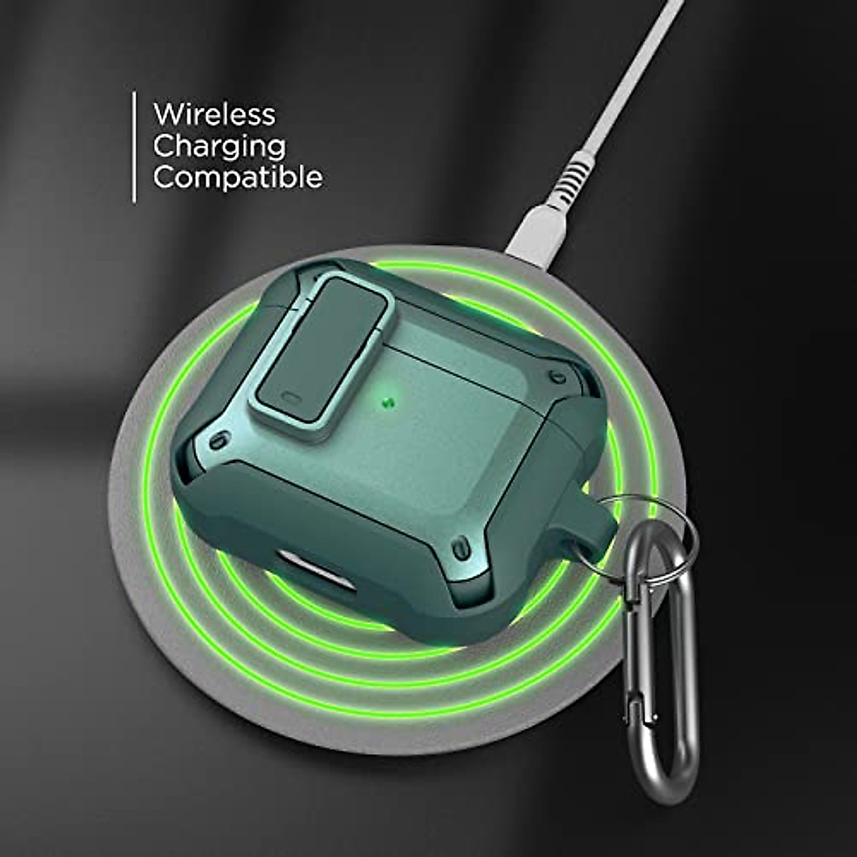 Encased X-Armor Compatible with Airpods 3 Case (3rd Generation) Protective Carabiner Keychain with Lid Lock (Metallic Green)