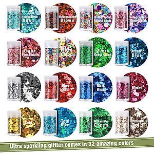 Teenitor Glitter, Chunky Glitter Mixed, Nail Glitter with Stars, Cosmetic Face Body Eye Hair Glitter, 32pcs