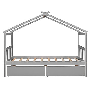 Harper & Bright Designs Twin Size House Bed for Kids, Wooden House Bed Twin with Two Drawers, Kids Twin Bed Frame with Storage,Roof Design for Girls Boys, Grey
