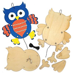 Baker Ross AX159 Owl Wooden Puppet Kits for Kids - Pack of 4, Childrens Woodcraft Painting Sets for Kids Arts and Crafts Projects