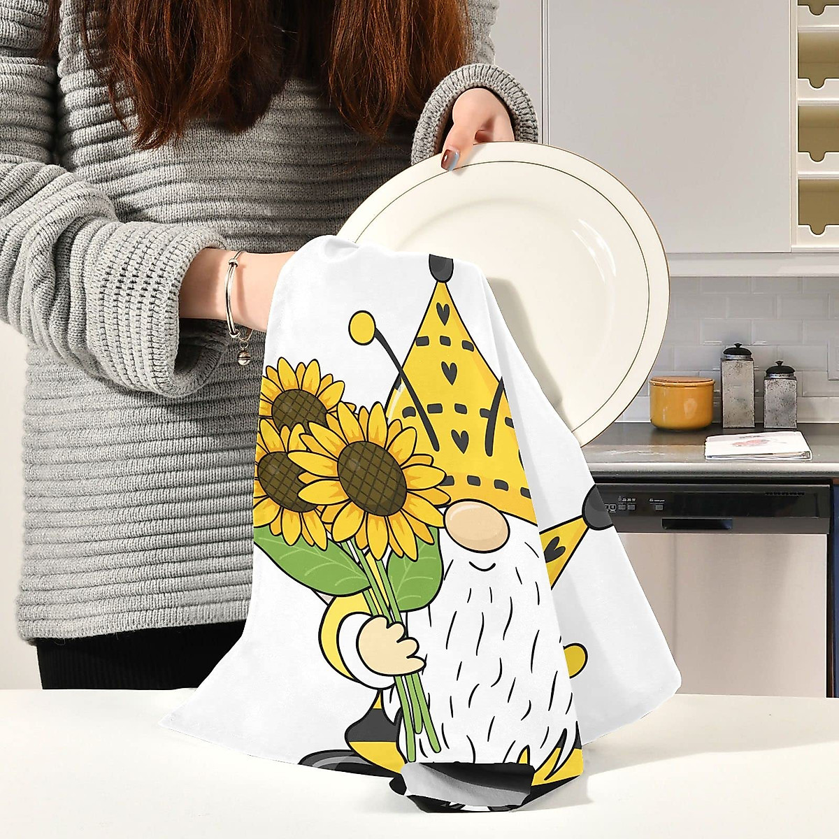 Kigai Kitchen Towels Set of 4, Cute Gnome and Sunflower Highly Absorbent Dish Towels Reusable Cleaning Cloths Washable Tea Towels Hand Towel 28 x 18 Inch