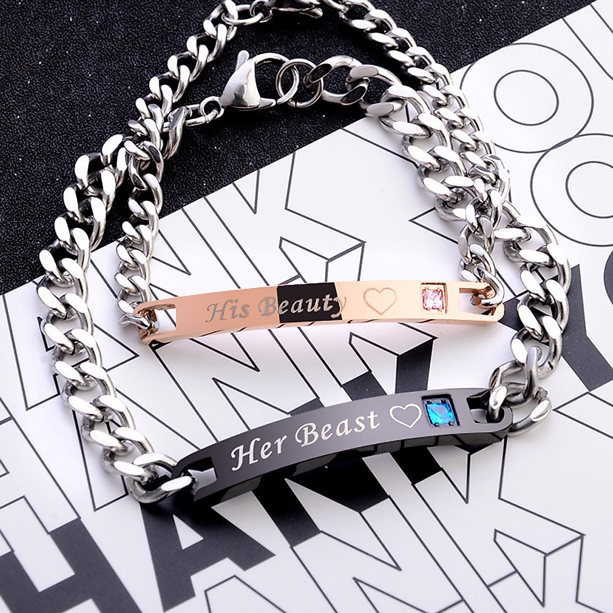 OUXUN Matching Bracelets For Couples Set Her Beast His Beauty 2 Pcs Romantic Lettering Relationship Couples Link Bracelets Promise Gifts Birthday Present For Women Men BF GF Lovers