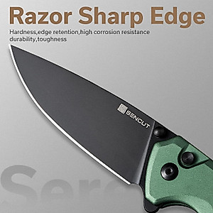 SENCUT Button Lock Pocket Knife for EDC, Serene Folding Knife, Thumb Stud & Flipper Opener, Aluminum Handle with 3.48" D2 Black Blade for Outdoor, Camping, Hunting S21022B-5 (Green)