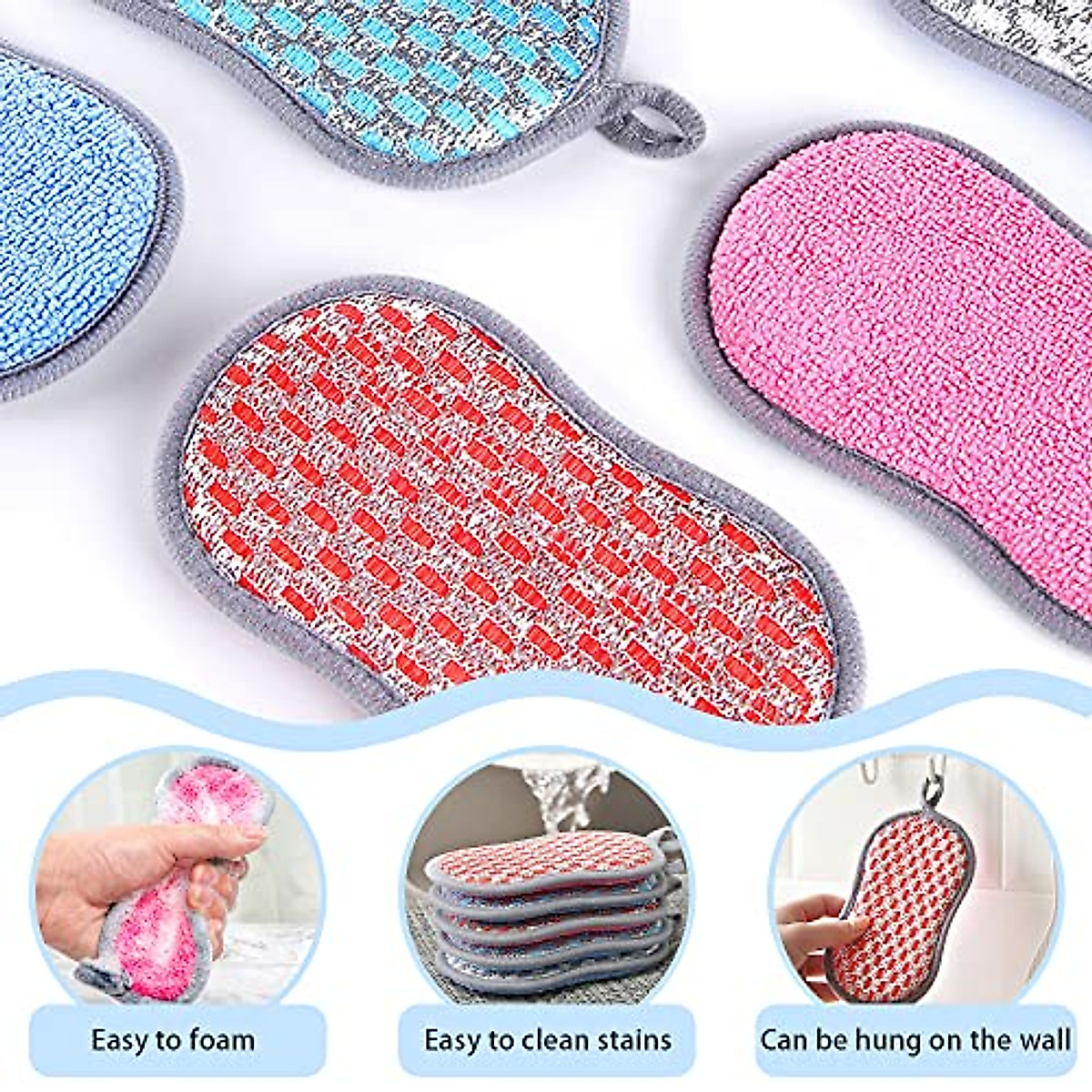 Stainless Steel Sponges Set with Handle, FULANDL 6PCS Steel Wool Scrubber With 3PCS Cellulose Sponge Cloths 2PCS Dual-Sided Scrub Sponges, Scrubbing Scouring Pad Dishes Scrub Cleaning Ball for Kitchen