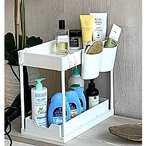 2 Tier Storage Organizer Multi-purpose Under Cabinet Bathroom Under Sink Organizers and Storage White Under Sink Storage for Bathroom Kitchen