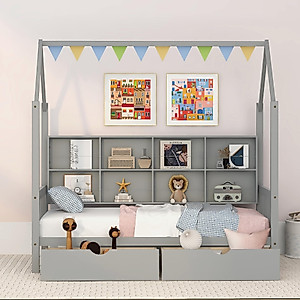 Pink House Beds with Trundle and Storage Shelves for Kids Montessori Bed Wood Playhouse Tent Bed Frame for Girls Boys, Twin Size