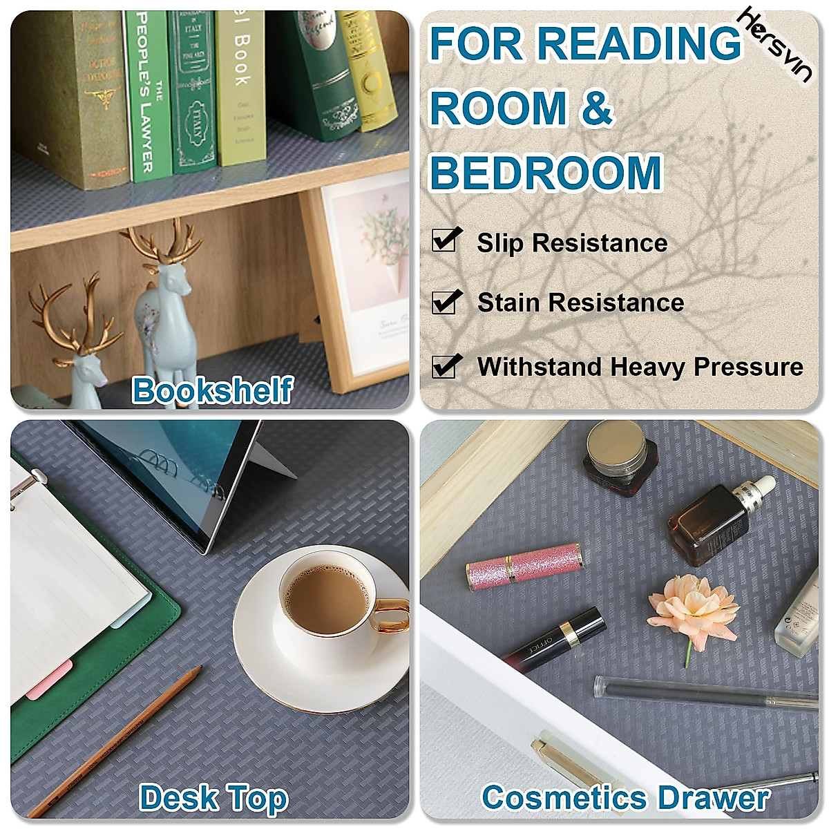 Hersvin Shelf Liners 24 in x 20 ft EVA Drawer Mats, Non-Adhesive Cupboard Pad, Kitchen Cabinet Lining Fridge Cushion (Gray/Crossed Stripe, 61x610cm)