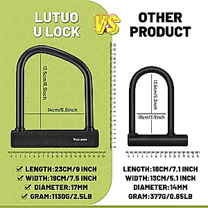 LuTuo U Bike Lock with Key, 17mm Bike Locks Heavy Duty Anti Theft Carbon Steel Bicycle Lock High Security Ebike Lock for Electric Scooter Mountain Bikes Wheel