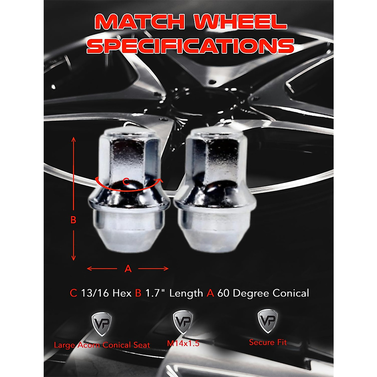 Set of 24 Veritek 14x1.5mm 13/16 Hex 1.7 Inch 44.5mm Length One Piece Chrome OEM Factory Style Large Acorn Seat Lug Nuts for Ford F-150 Expedition Lincoln Navigator Factory Wheels