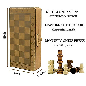 Chess Set for Adults & Kids -Leather Chess Board Magnetic Chess Pieces Unique Design Chess Game Gift Choice for Kids and Adults 2 players