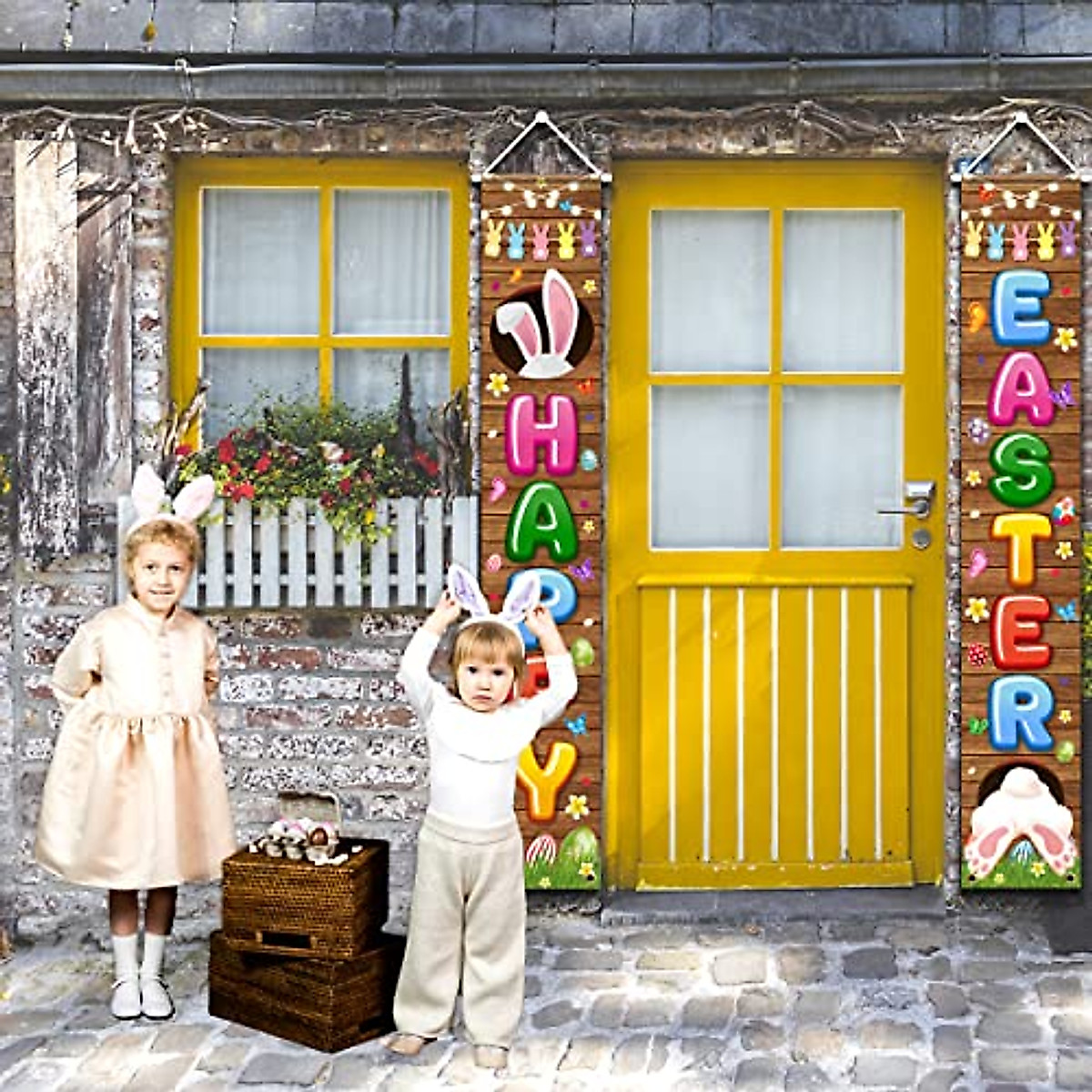 Easter Party Supplies-Happy Easter Porch Sign Banner,2PCS Hello Peeps Front Door Welcome Banner for Spring Theme Easter Bunny Door Decoration (Porch)