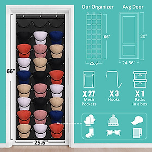 Tiblue Hat Rack for Baseball Caps, 27 Pockets Organizer, Hanging Over the Door Storage Closet Wall with Large Clear & 3 Hooks Holder Hanger for Sport