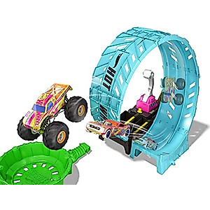 Hot Wheels Monster Trucks Glow in The Dark Epic Loop Challenge Playset with Launcher, Ramp & Giant Loop, Includes 1 1:64 Scale Die-Cast Truck & 1 Car, Toy Gift for Kids 4 to 8 Years Old