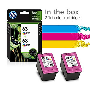HP 63 | 2 Ink Cartridges | Tri-color | Works with HP DeskJet 1112, 2100 Series, 3600 Series, HP ENVY 4500 Series, HP OfficeJet 3800 Series, 4600 Series, 5200 Series | F6U61AN