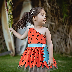 Obavioy Baby Girl Caveman Costume Toddler Cavegirl Dress with Bone Headband Hair Clips Halloween Party Outfit Orange 12-18 Month