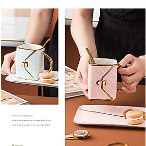 LmlJoo Creative and Adorable Handbag-Shaped Mug with Saucer Cup and Golden Spoon for Enjoying Tea, Juice, Milk, Hot Chocolate or Cappuccino (Blue)