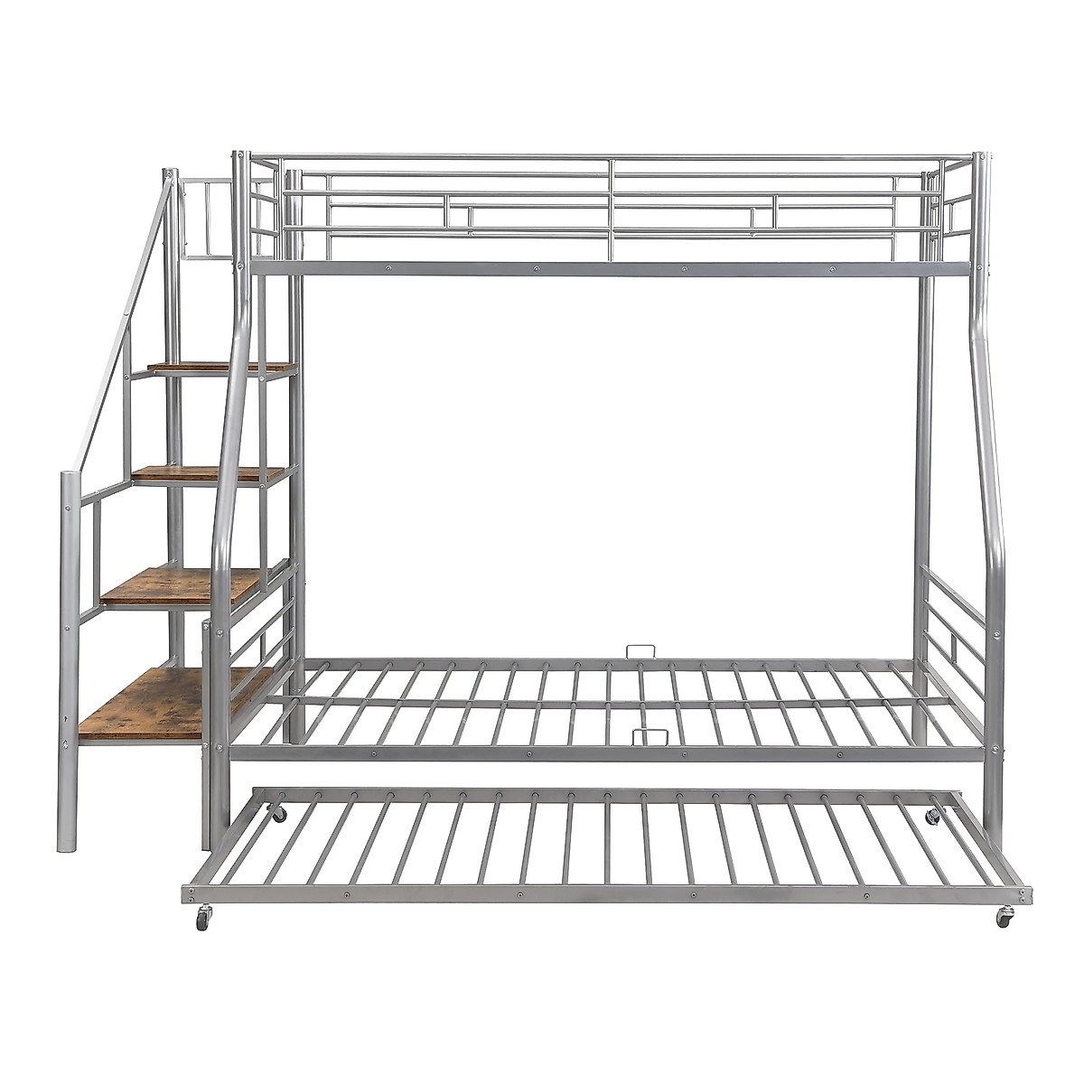 Bellemave Twin Over Full Metal Bunk Beds with Trundle and Storage Staircase,Heavy-Duty Metal Bunk Bed Frame for Kids,Teens,Adults，Space-Saving,Silver
