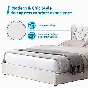 Mjkone Queen Platform Bed Frames with 4 Storage Drawers, Velvet Upholstered Bed Frame Has Adjustable Button Tufted Headboard, No Box Spring Needed/Easy Assembly/No Mattress (Beige, Queen Size)