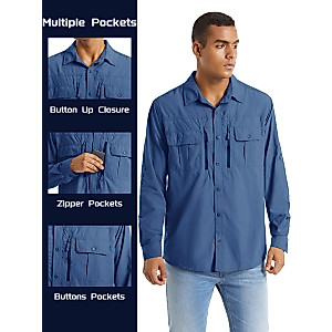 TACVASEN Men's Tactical Shirts Quick Dry UV Protection Long Sleeve Hiking Fishing Button Shirts Royal Blue, L