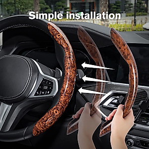 Amiss Car Wood Grain Steering Wheel Cover, Car Interior Accessories, 2PCS Segmented Steering Wheel Protector, Universal 99% Car Wheel Cover Protector (Brown)