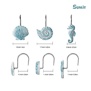 Sunlit 12-Piece Aqua Blue Resin Shower Curtain Hooks, Ocean Creatures Coastal Design, Nautical Bathroom Decoration