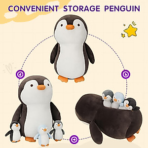 MMguai 4Pcs Penguin Plush Pillow, Giant Penguins Stuffed Animal Mommy 16 Inch with 3 Baby Penguin Plushies in Tummy, Gifts for Kids Girls Boys, Halloween, Christmas, Birthdays