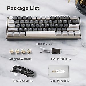 RK ROYAL KLUDGE RK61 Plus Wireless Gaming Keyboard, 60% Percent Mechanical Keyboard with Bluetooth/2.4Ghz/USB Modes, Hot Swappable RGB Keyboard for PC Gamers, Silent Linear Viridian Switches