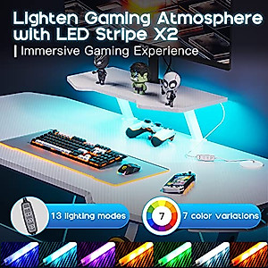 MOTPK White Gaming Desk with LED Lights, Gaming Table Desk 47 inch Z Shaped, Gamer Desk Ergonomic Sturdy, Kids Computer Desk with Monitor Stand Cup Holder and Headphone Hook, Black, Gift Idea