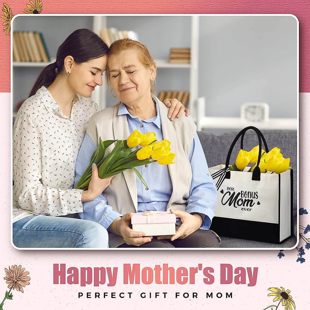 Best Bonus Mom Ever Appreciation Gifts Canvas Tote Bag Women Mother's Day Gift for Stepmom with Zipper Kitchen Reusable Grocery Bags Birthday Thank You Gift from Daughter Son Black and White