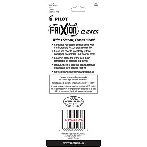Pilot Frixion Clicker Erasable Gel Pen, Assorted Ink, 3 per Pack (31467), Black/Blue/Red