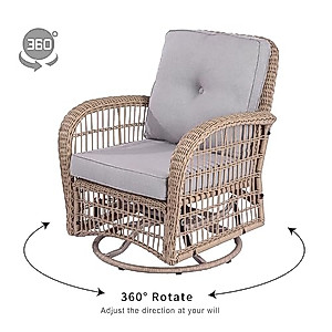 Livavege Outdoor Patio Rattan Gray Cushion, Weather-Resistant PE Wicker Furniture for Porch, Sunroom, Deck, Backyard, Swivel Rocker Chair, Natural
