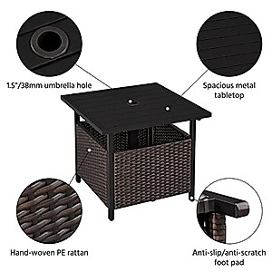 Yaheetech PE Wicker Side Table End Table Outdoor Patio Umbrella Stand All Weather Bistro Table, with 1.5" Umbrella Hole, for Garden, Pool, Deck