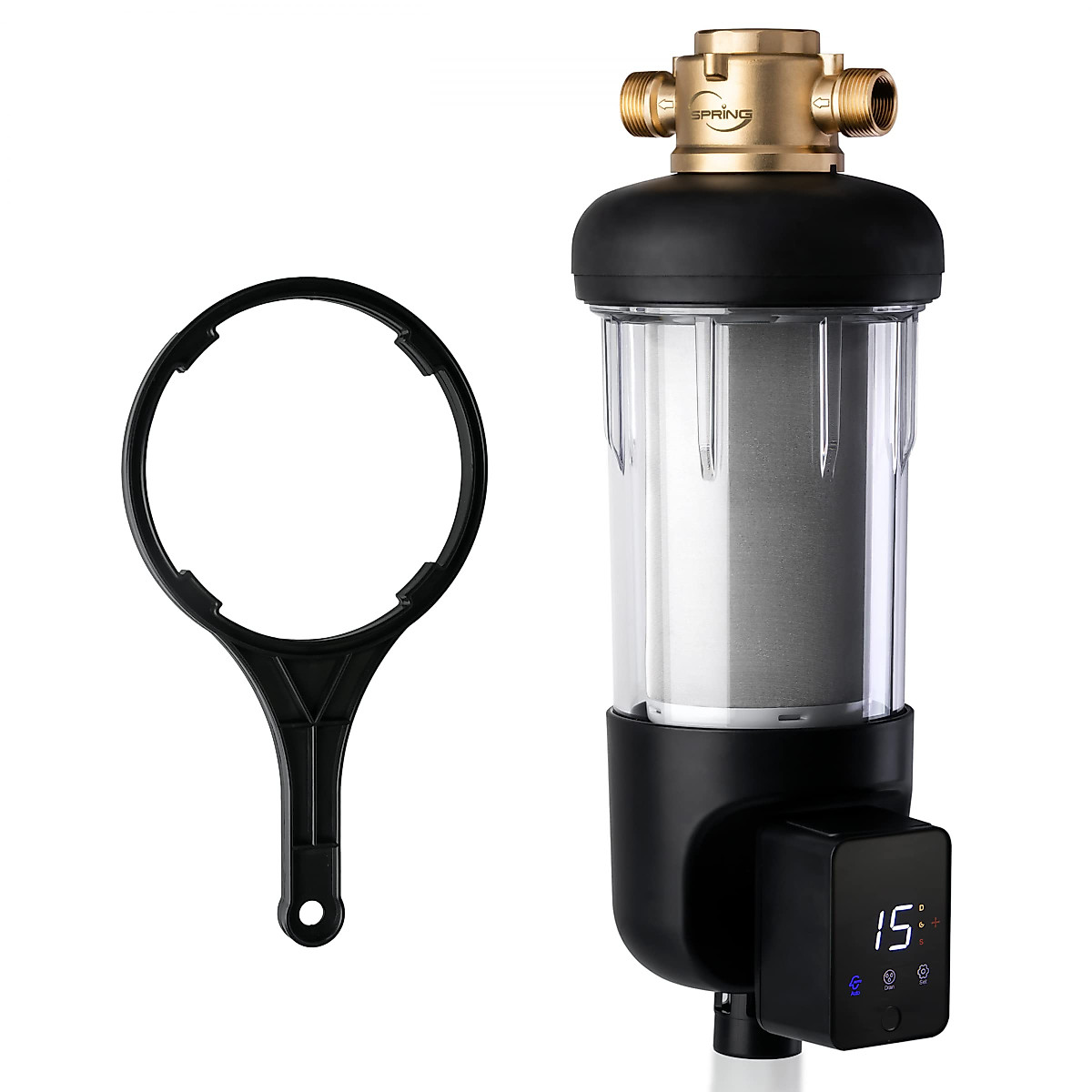 iSpring WSP200ARJ Spin-Down Sediment Water Filter, Upgraded Jumbo Size, Large Capacity, Reusable with Touch-Screen Auto Flushing Module, Brass Top Clear Housing, 200 Microns