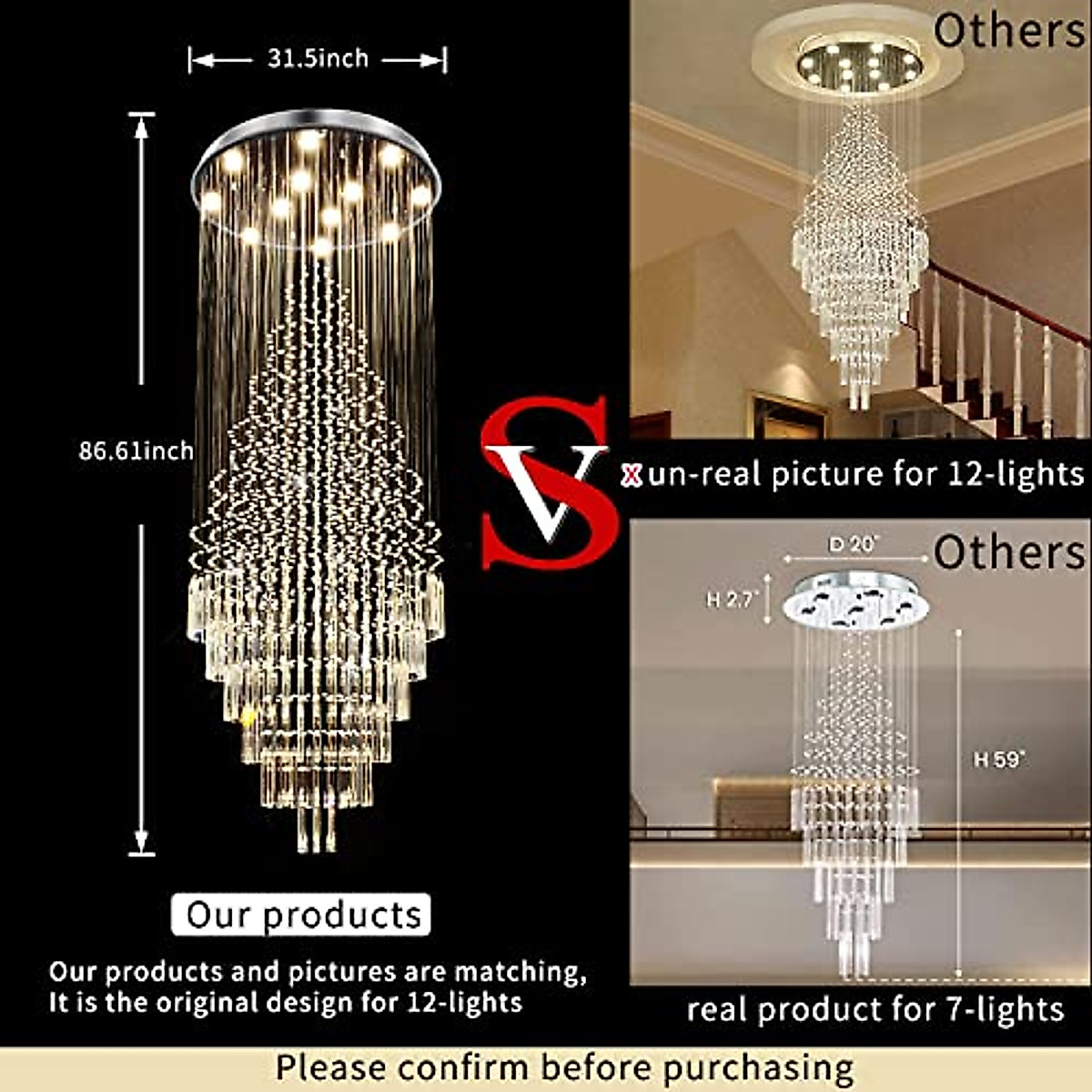 Luxury Large Foyer Chandelier, Modern 12-Lights Round Raindrop Crystal Chandeliers High Ceiling Flush Mount Light Fixtures for LivingRoom Entryway, Stairs D31.5 X H86.7 of CRYSTOP