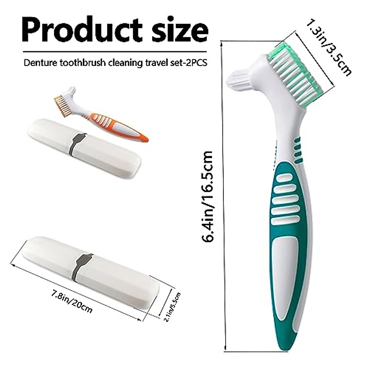 Denture Toothbrush Set, Portable Dual Head Denture Brush with Cover Case, Denture Cleaning Tool Set for Travel, Home and Camping, Dental Cleaning Brush Set for Denture Care False Teeth Cleaner Tool